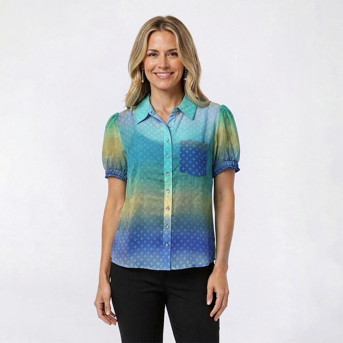 Click here for Womens Nicole Miller Button Front Diamond Ombre Bl... prices